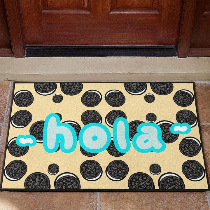 Blue Hola Text Oreo Cookies Patterns With Milk Door Mat Welcome Mat ...